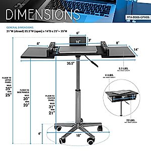 Techni Mobili RTA-B006-GPH06 Folding Cart with Storage, Laptop Stand with Height Adjustable, Non Marking Caster Wheels, Graphite