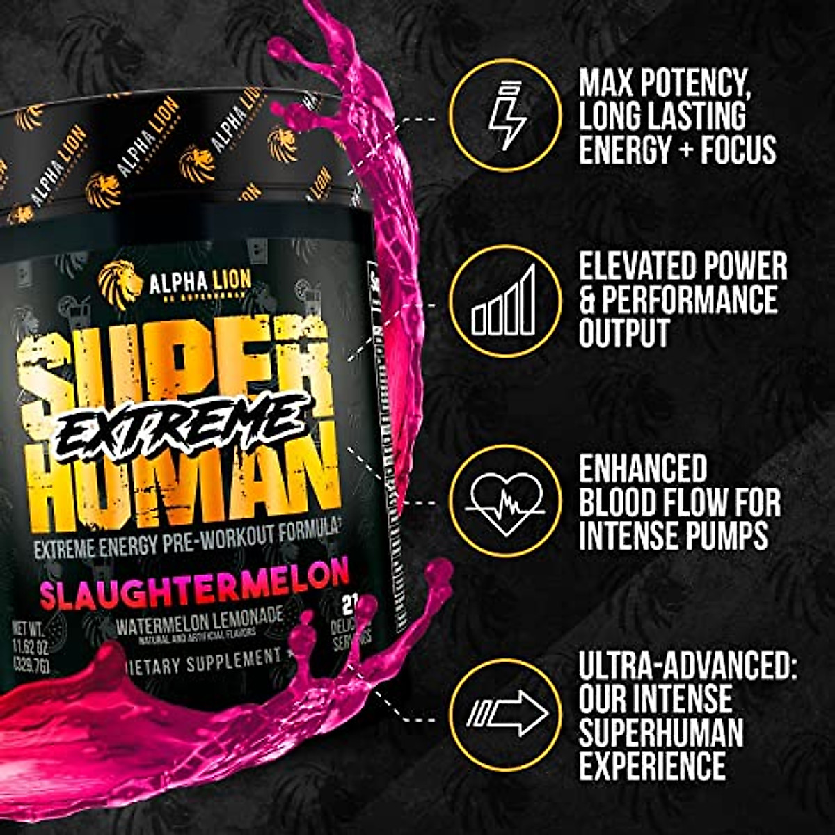 ALPHA LION Superhuman Extreme, Extreme Energy Pre-Workout Formula, Intense, Sustained Energy and Focus, Elevated Nitric Oxide, Maximum Pumps & Nutrient Delivery (21 Servings, Slaughtermelon)