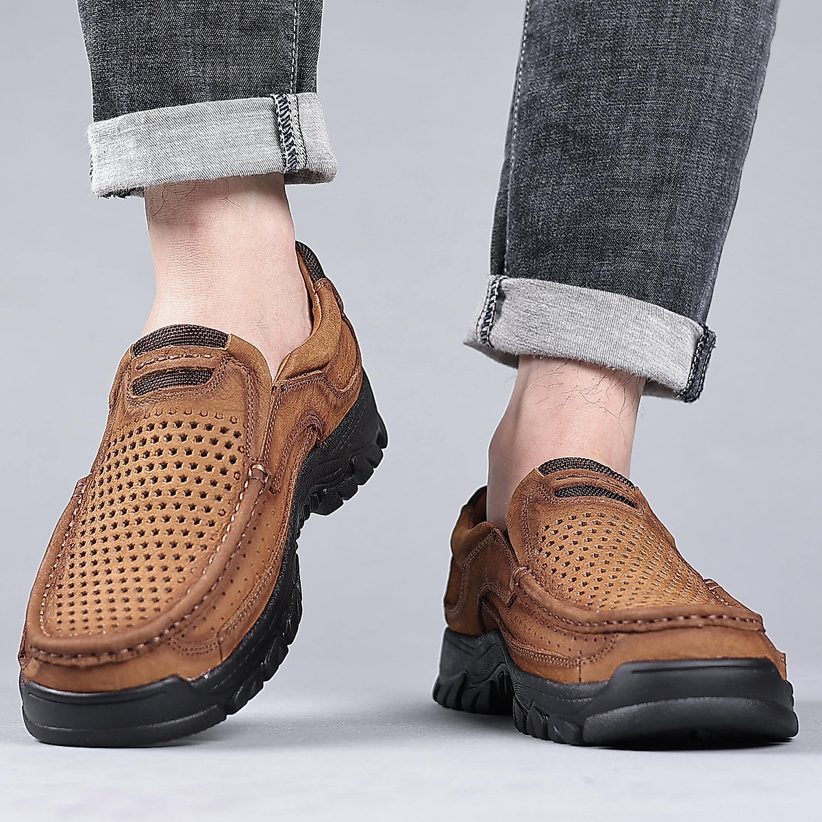 COSIDRAM Men Casual Shoes Loafer Sneakers Slip on Moccasins Comfort Walking Shoes Luxury for Male Summer Breathable Brown 8.5