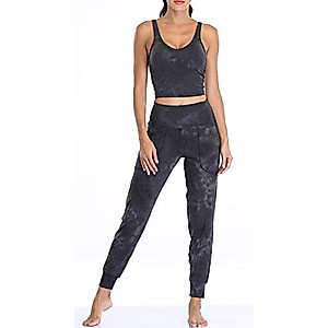 Oalka Women's Joggers High Waist Yoga Pockets Sweatpants Sport Workout Pants Tie Dye Black L
