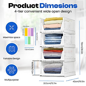 SIMPLEST LIVING Foldable Storage Bin Shelves Stackable Organizer 4 Pack(L) Clothes drawer organizer-collapsible crates-Stackable Storage Shelf for Office-RV-Dorm with 2 Label Sheets-White