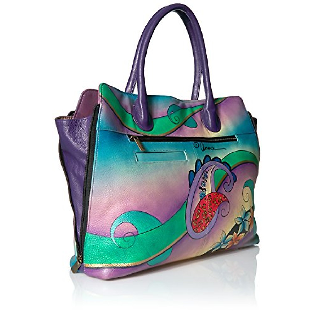Anna by Anuschka Women's Genuine Leather Large Expandable Tote | Hand Painted Original Artwork | Paisley Collage Eggplant
