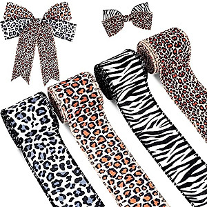 Kuscul 4 Rolls 20 Yards Leopard Print Ribbon Animal Print Ribbon Zebra Cheetah Wired Edge Ribbon Decorative Wrapping Ribbon for for Home Decor, Gift Wrapping, Tree Topper Bow, Wreath, DIY Crafts, 2in