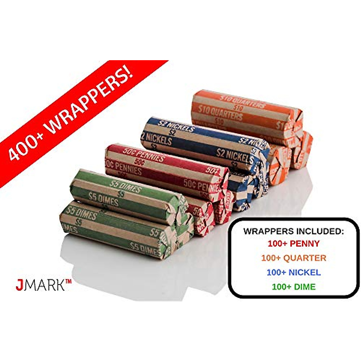 J Mark 400 Neatly-Packed Flat Coin Roll Wrappers Assorted, Made in USA, (Quarters, Dimes, Nickels, Pennies), ABA Striped Kraft Paper Coin Rolls Wrappers, Includes J Mark Deposit Slip
