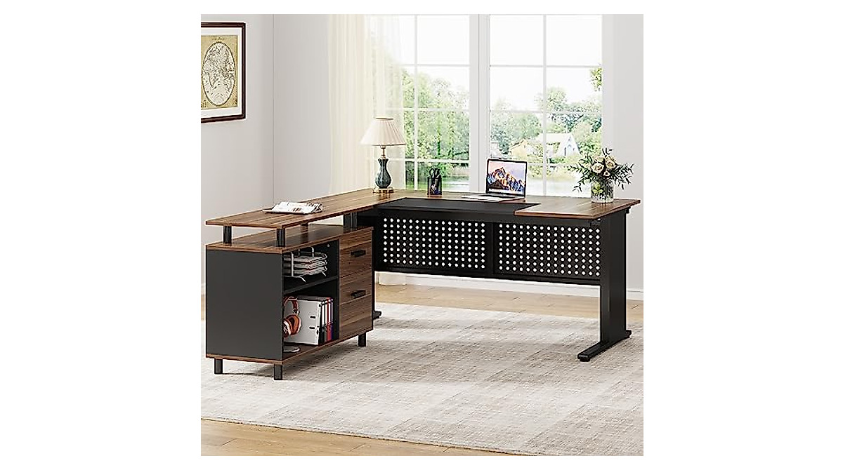 Tribesigns 63 Inch Executive Desk with File Cabinet - Large L-Shaped ...