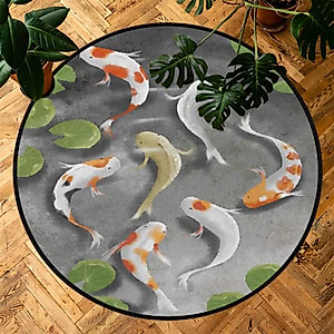 Traditional Fish Round Area Rug, Japanese Koi Fish Non-Slip Circle Rug for Bedroom Living Room Outdoor Study Playing Floor Mat Carpet, 5.2' Diameter
