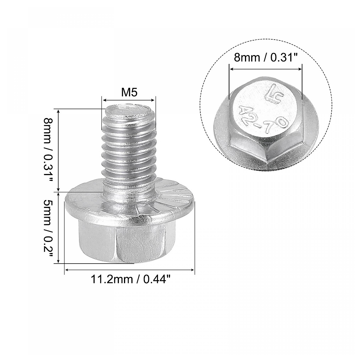 uxcell M5x8mm Hex Serrated Flange Bolts Screws Metric Thread 304 Stainless Steel 50pcs
