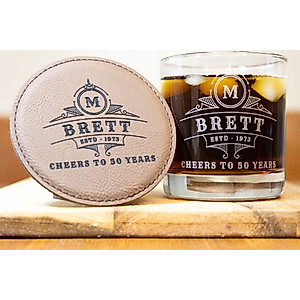 Personalized Whiskey Glass with Matching Custom Coaster - Custom Engraved Whiskey Glasses for Men 50th Birthday Gift for Whiskey Drinker Personalized Bar Accessories