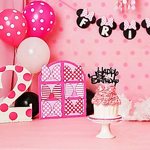 Black Glitter Minnie Inspired Happy Birthday Cake Topper with Pink Bows and White Gloves Girls Birthday Party Decorations Supplies