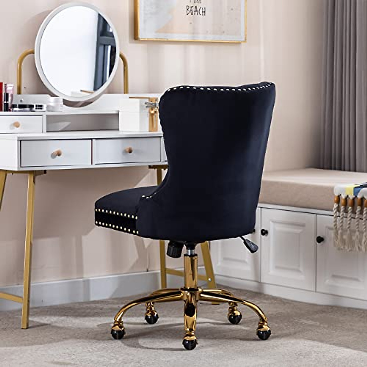 Guyou Black and Gold Vanity Chair Upholstered Velvet Home Office Desk Chair Swivel Desk Chair with Tufted Buttons for Bedroom (Black)