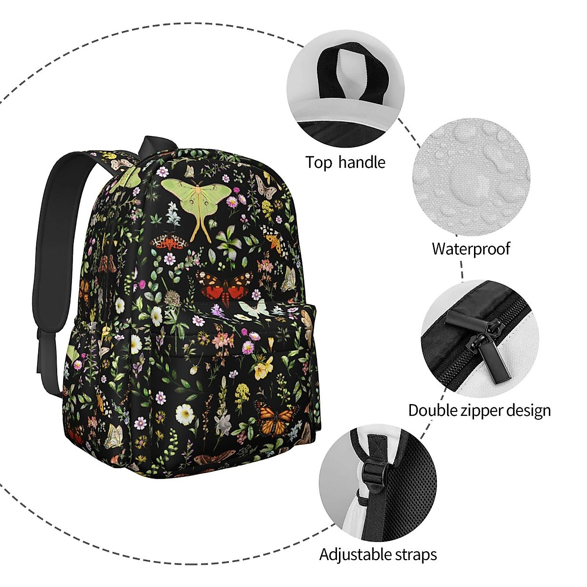 Butterflies Moths Flower Stylish Backpack With Adjustable Padded Shoulder Straps Daypacks For College Travel One Size