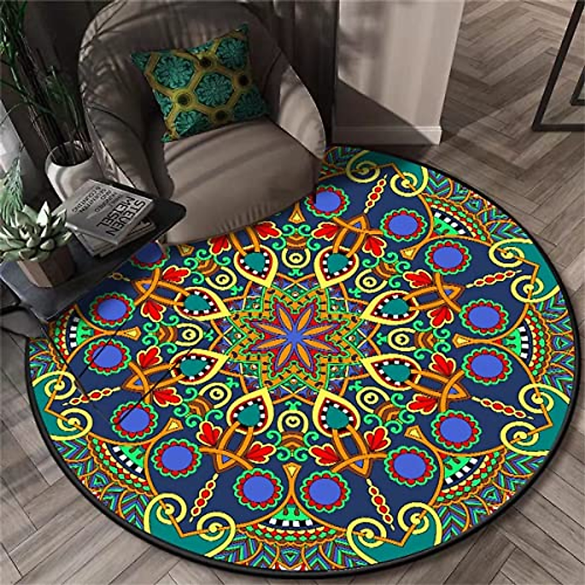 Green Mandala Floral Round Area Rug for Under Kitchen Dinning Room Tables Washable Boho Ethnic Circle Carpets,4ft Diameter