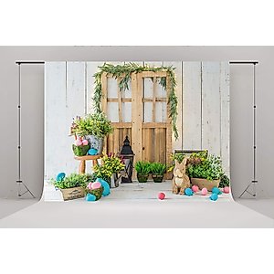 7x5ft Spring Easter Photography Backdrops Wood Barn Eggs Flowers Happy Easter Background for Photo
