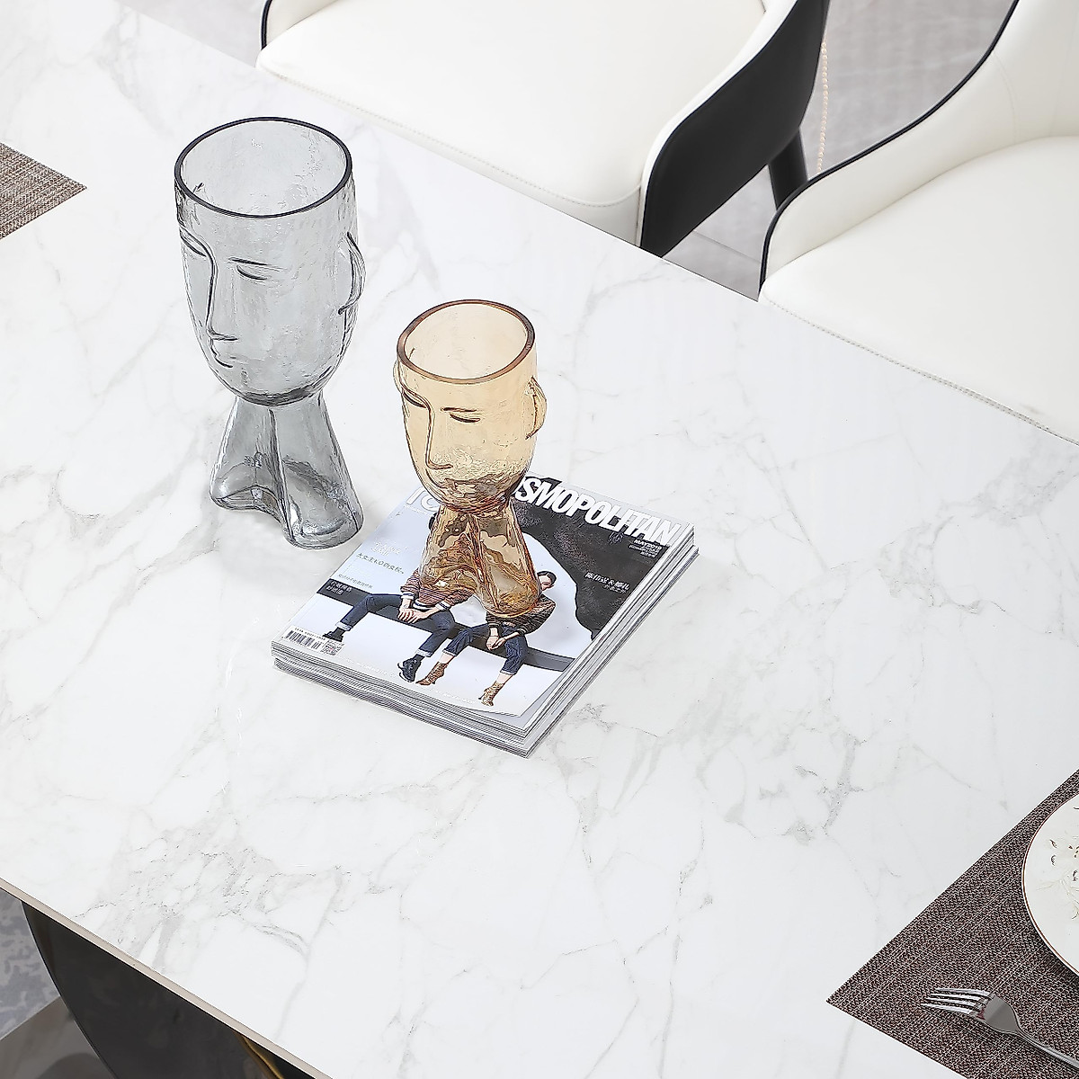 Voohek White+Black 7-Piece Modern Dining Room Set, with 6 Upholstered Chairs, Table w/Round Special Shaped Carbon Steel Pedestal Base, Family Furniture for Home, Kitchen, Carrara