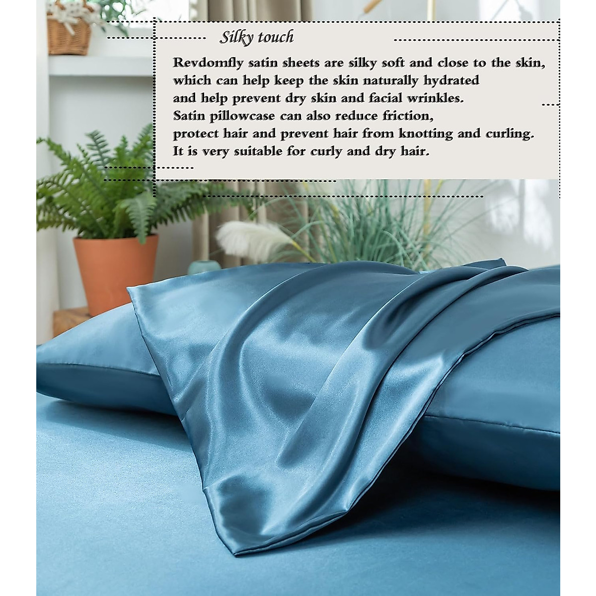 Revdomfly 4 Pcs Full Size Luxury Silky Soft Navy Blue Satin Sheet Set,1 Premium Moisture Wicking Fitted Sheet Fits Up to 16 Inches Deep Pocket + 1 Flat Sheet + 2 Pillowcases（Navy Blue, Full）