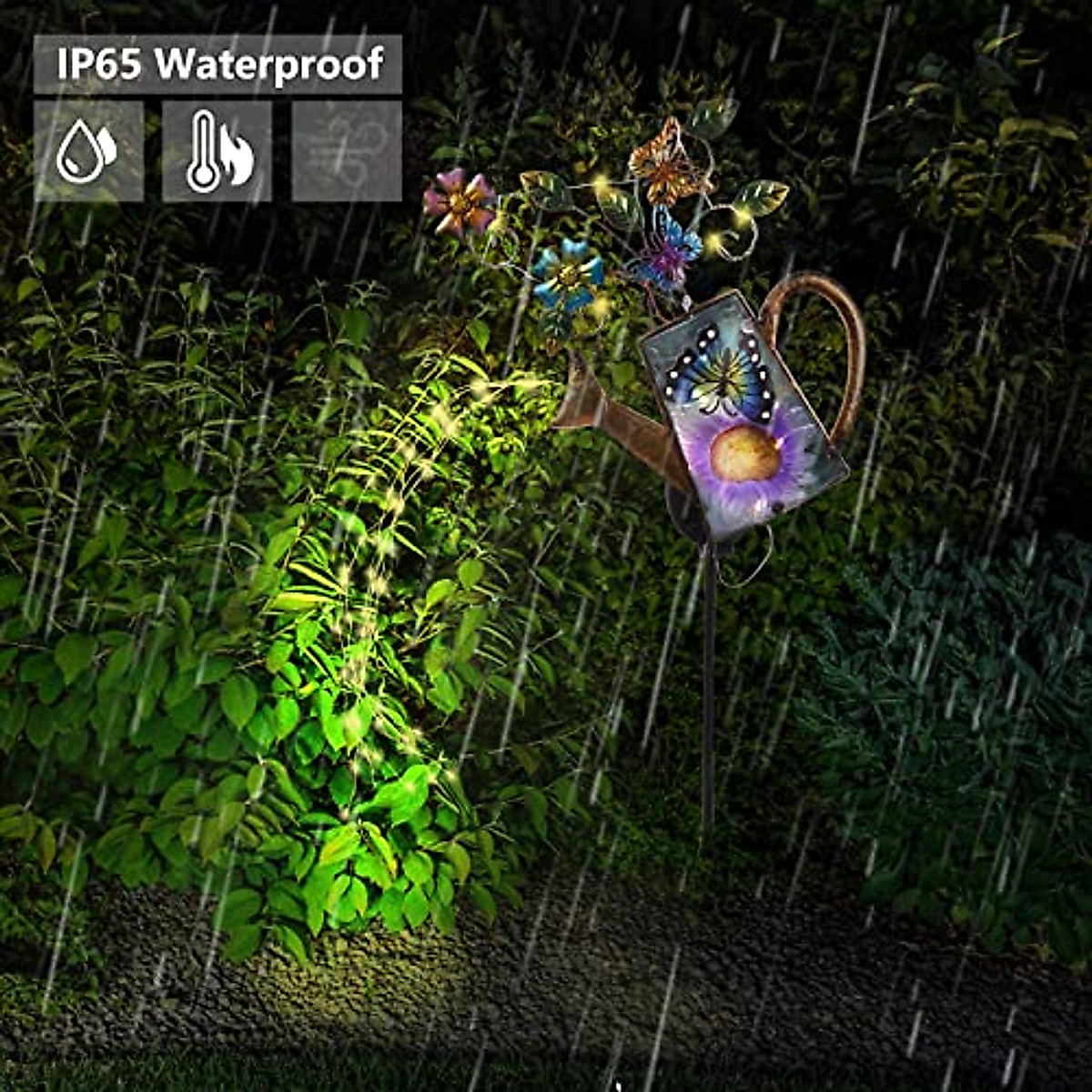 Solar Outdoor Watering Can Lights-Butterfly Decorative Path Lights, Metal Glass Solar Powered Garden Waterfall Decor Ornament for Yard Lighting Outside