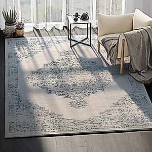 Abani 5'3" x 7'6" Rugs Ivory & Blue Distressed Floral Motif Area Rug - Rugged Traditional Vintage Style Accent Rug, Troy Collection