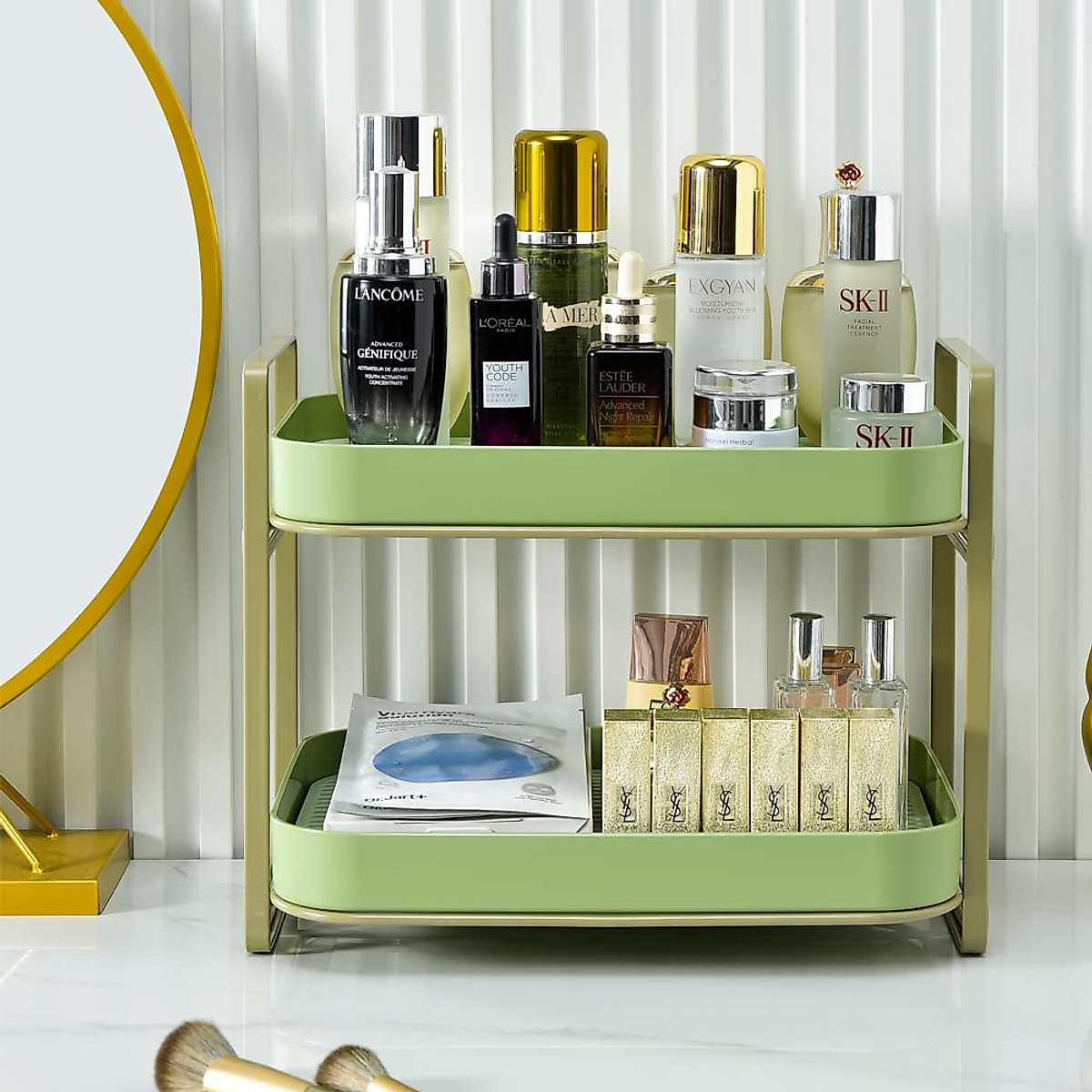 Lille Home Two-Tier Multi-Functional Storage Organizer with Removable Drain Tray, Cup/Mug Holder Shelf, BPA Free (Green)