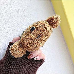 Cute Soft Handmade Knitted Fur Fluffy Brown Teddy Dog Doggie Animal Plush Case for Airpods Pro Cartoon Headphones Cover Brown with Blue Hat