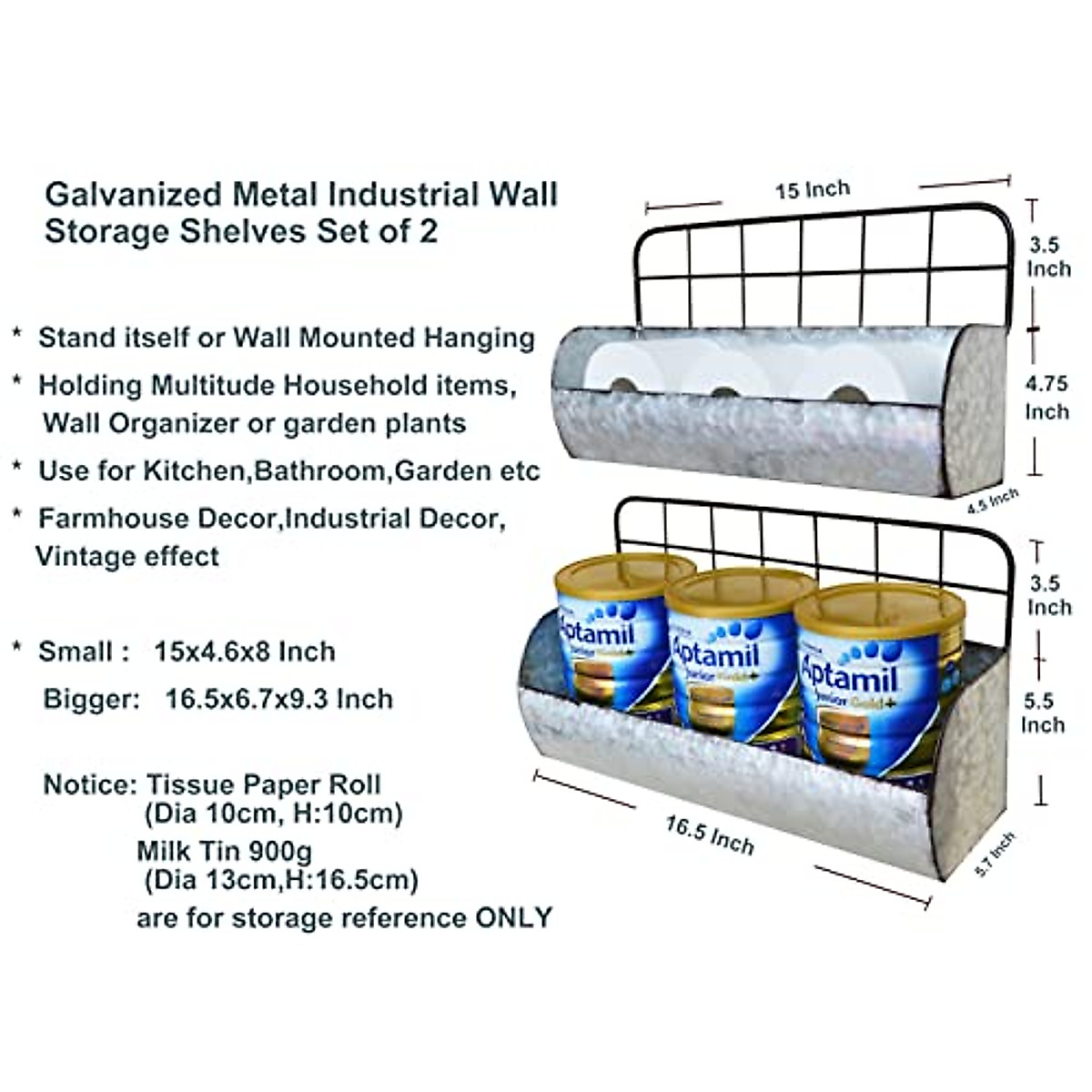 ShabbyDecor Galvanized Metal Farmhouse Wall Storage Holder Rustic Tin Shelves for Kitchen Laundry Room Bathroom Metal Hanging Wire Basket Set of 2