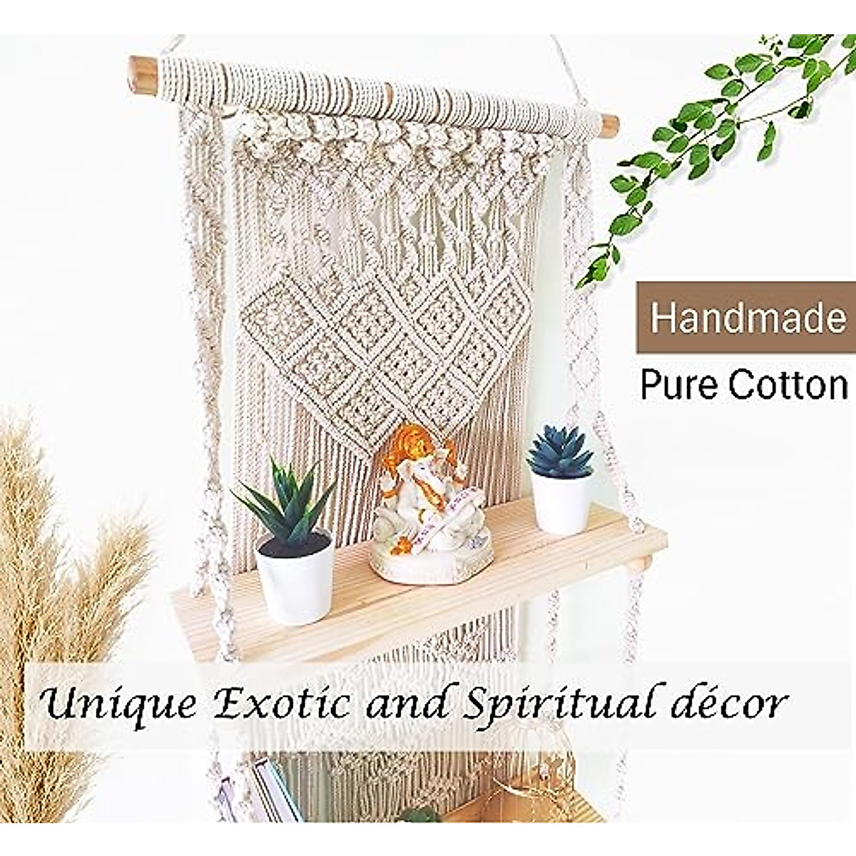 Induslyfe Macrame Wall Hanging Shelf Tier 3 Boho Hanging Wall Decor Boho Shelf Wall Decor Plant Rack Shelf, Boho Bookshelf Wall White Hanging Shelf Woven Rope for Boho Bathroom decor Bedroom Bookshelf