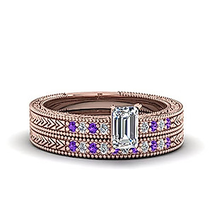 JewelryGift Antique Design Pave Engagement Rings rose gold plated Natural Amethyst Emerald shape purple color Milgrain Engagement Rings pave Setting in Size 10 Casual Wear for Gift