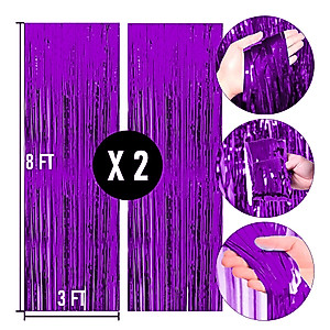Dazzle Bright 2 Pack Backdrop Curtain, 3FT x 8FT Metallic Tinsel Foil Fringe Curtains Photo Booth Background for Baby Shower Birthday Wedding Halloween Party Decorations (Purple)