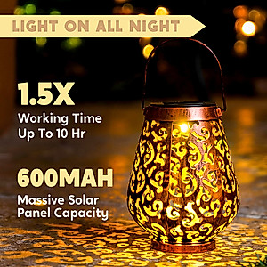 JOIEDOMI 2 Pack Outdoor Solar Hanging Lantern Lights, Waterproof Table Top Solar Lanterns, LED Metal Decorative Garden Solar Lights, Moroccan Lanterns Solar Powered with Handle for Patio