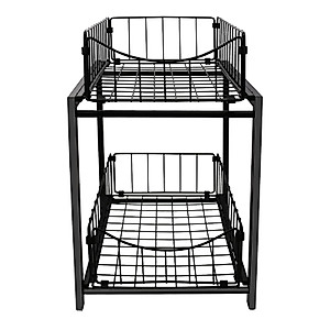 Under Sink Storage, 2 Tier Cabinet Organizer with Sliding Drawer, Easy to Assemble Pull-Out Storage Mesh Basket, Organization for Bathroom, Kitchen, Home (Black)