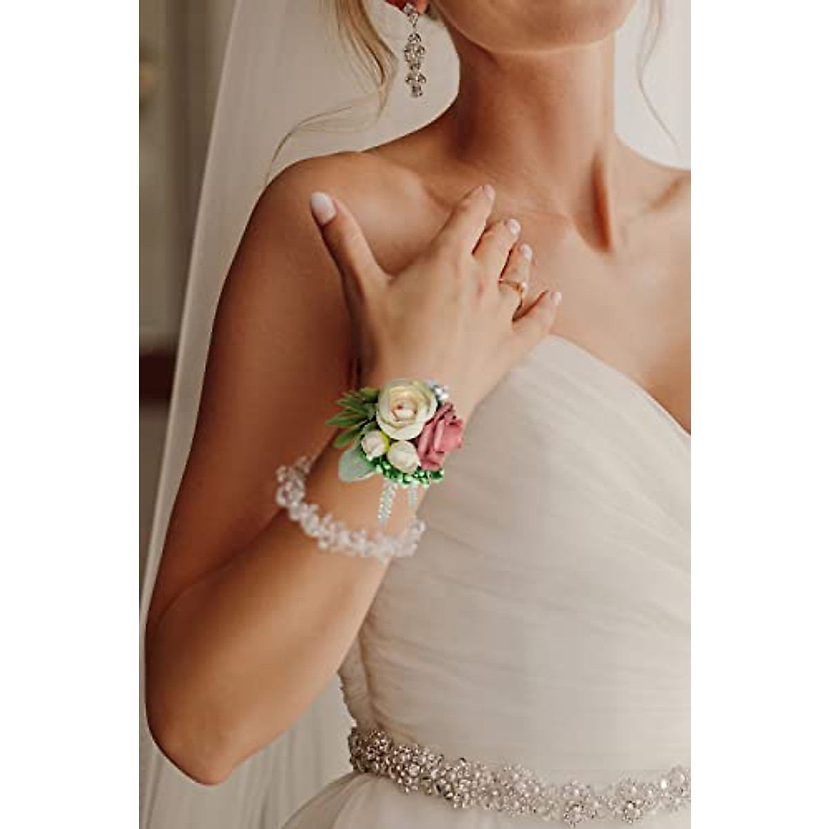 Wedding Wrist Corsage and Boutonniere Set of 6, Dusty Rose Artificial Wristlet Band Flowers for Bride and Bridesmaids, Boutonniere with Pin for Groom and Groomsman, Formal Dress Accessories for Prom