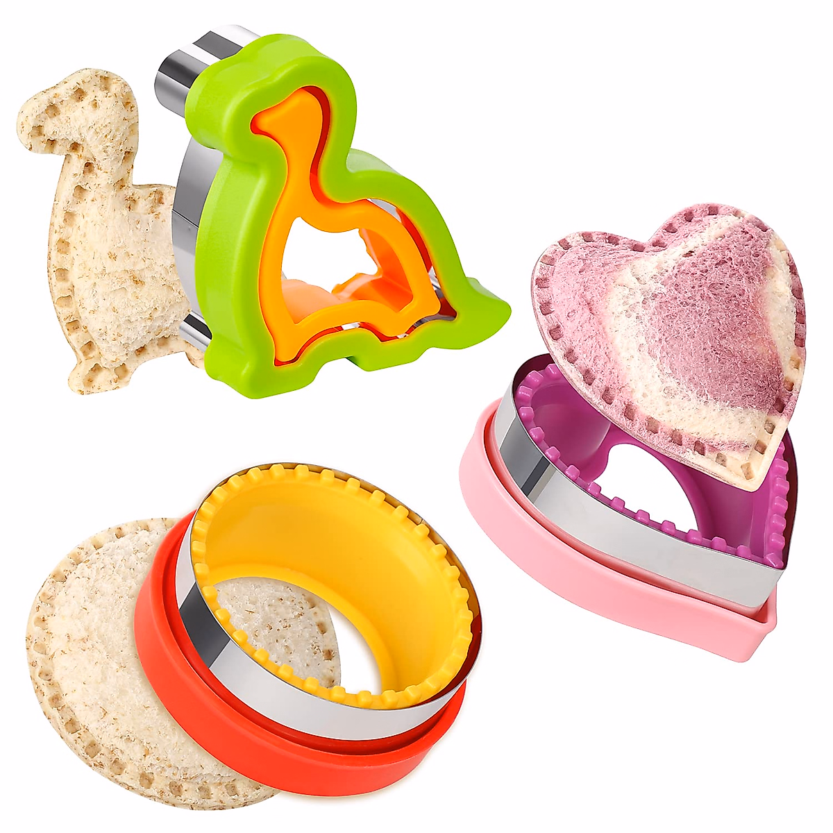 Sandwich Cutter and Sealer Set, 3 Pcs Bread Decruster Sandwich Mold Dinosaur Heart and Circle Shapes Pancake Maker DIY Sandwich Cutters for Kids Boys