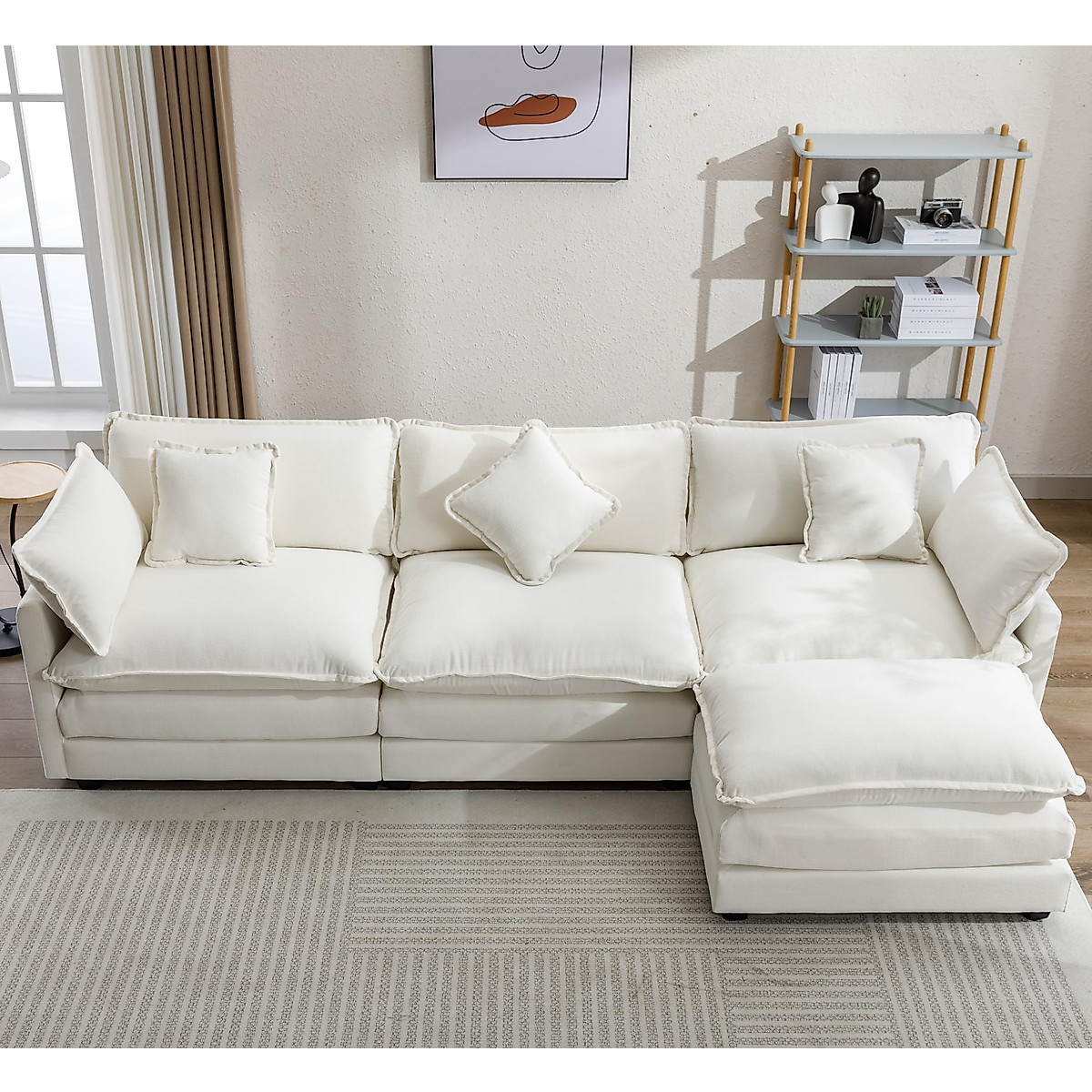 JURMALYN 111.4" Chenille Sectional Sofa Couch Comfy Cloud Sofa Couch L-Shape Upholstered Sofa with Ottoman & Pillows for Living Room Apartment Office, Beige