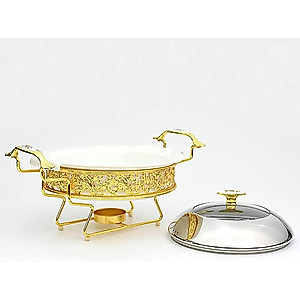 FLTRGO Food Warmer for Parties Buffets, Food Warming Tray Golden Pattern Chafing Dish Buffet Set, Round Stainless Steel Chafer with Lid for Buffet Weddings Parties Banquets Catering Events