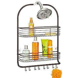 mDesign Extra Wide Hanging Shower Caddy Storage Organizer, Metal Wire Bathroom Organization Center with Built-In Hooks and Baskets on 2 Levels for Shampoo, Body Wash, Loofahs - Bronze