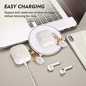 Airpods Case Cover, Full Protective Glitter TPU Soft Cute Airpod Case Cover with Pearl Keychain Compatible with Airpods 2 &amp;1 for Girls Teens Women (White/Pearl)