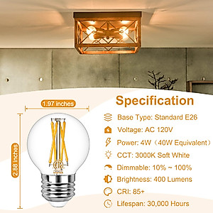 winshine E26 LED Edison Bulbs Dimmable, 3000K Soft White, G16.5 Small Light Bulb 40W Equivalent, 4W Decorative Globe Light Bulbs for Bathroom Vanity, Chandelier, Clear Glass, 120V, 400LM, 6 Pack
