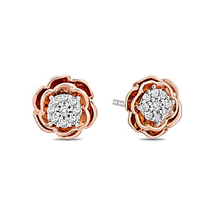 Jewelili Enchanted Disney Fine Jewelry 14K Rose Gold over Sterling Silver 1/5 Cttw Diamond Belle Rose Stud Earrings