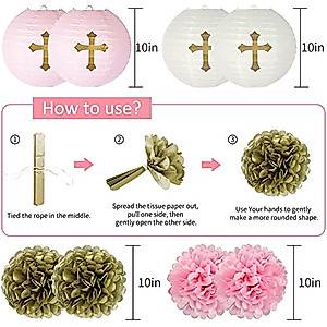 Baptism Decorations for Girls, First Communion Decorations, Christening Decor 1st Holy Communion Party Supplies God Bless Banner Pink Party