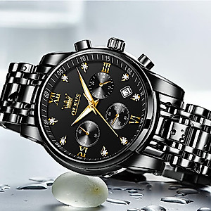 Black Watch for Men OLEVS Watch Men Stainless Steel Watches Waterproof Luxury Business Dress Mens Watches Quartz Analog Classic Big Large Face Watches Black Dial with Day and Date,relojes para hombres