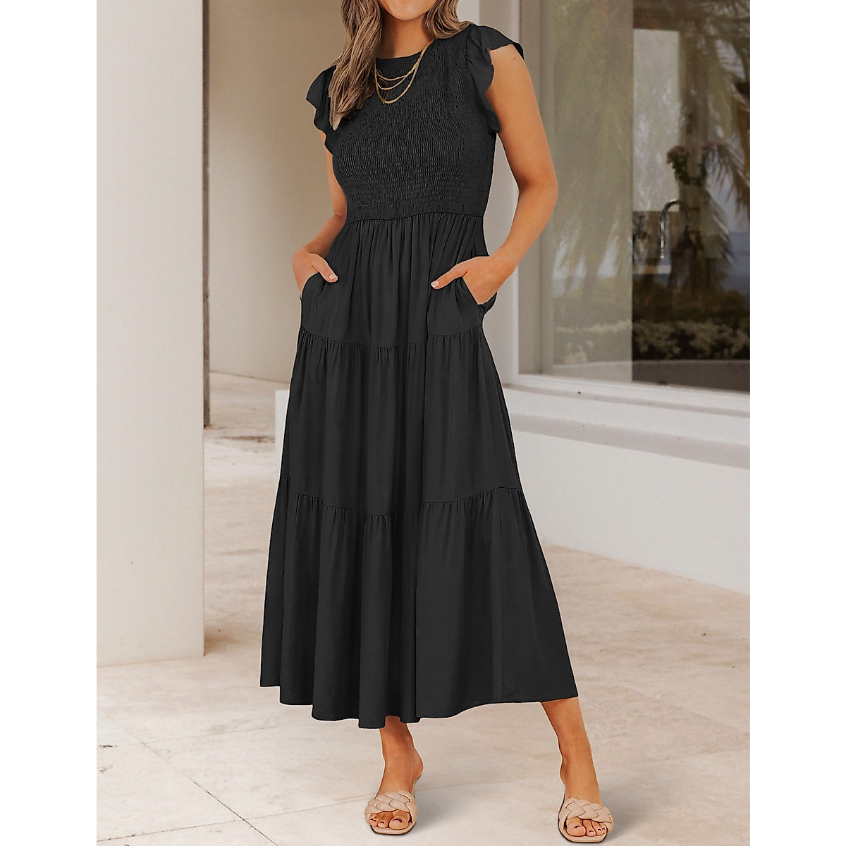 ZESICA Women's 2025 Summer Casual Flutter Short Sleeve Crew Neck Smocked Elastic Waist Tiered Midi Dress,AllBlack,Medium