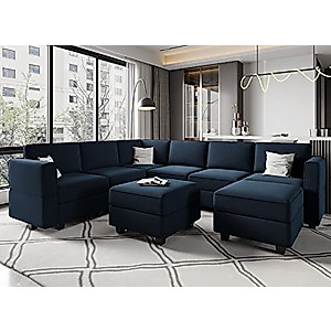 Belffin Modular Velvet Sectional Sofa with Storage Seat Oversized U Shaped Couch with Reversible Chaise Sofa Set with Ottoman Blue