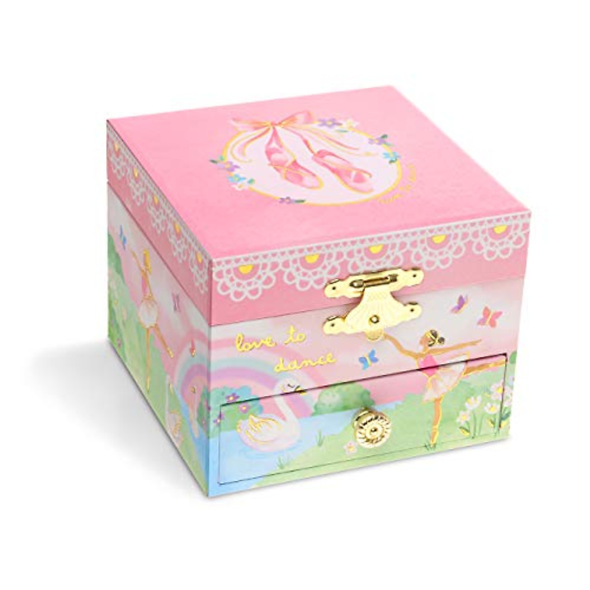 Jewelkeeper Musical Jewelry Box with Spinning Ballerina, Rainbow and Gold Foil Design, Swan Lake Tune