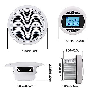 Herdio Marine Radio and Speakers Set Compatable with Bluetooth, Marine Gauge Head Unit+6.5 Inch Marine Flush Wall Mount Ceiling Speakers+Rubber Flexible Mast FM AM Antenna White