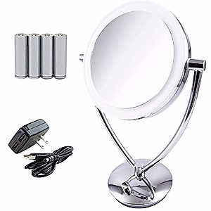 Ovente 8" Lighted Tabletop Makeup Mirror with 1X/10X Magnification, Double-Sided Magnifying Vanity Mirror, Dimmable LED Lights, 360° Swivel Design and Dual Power Supply, Polished Chrome MLT75CH1X10X