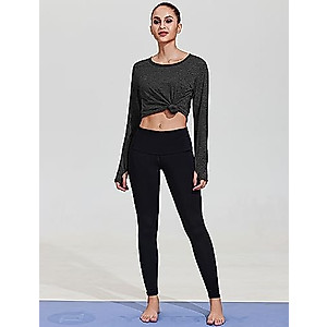PINSPARK Long Sleeve Workout Tops for Women Yoga Shirts Moisture Wicking Gym Top Athletic Clothes with Thumbholes Black L