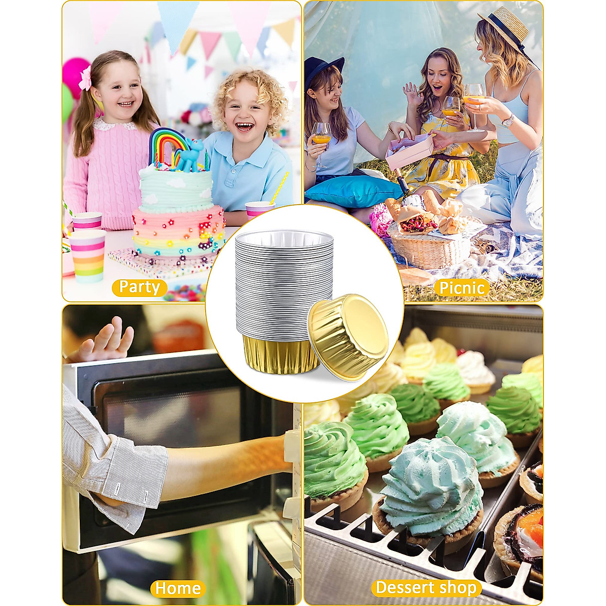 150 Pcs Patelai Aluminum Foil Cups 4.2 oz Mini Baking Cups Gold Cupcake Liners Disposable Ramekins Foil Muffin Pans for Pie Souffle Pudding Holder Wedding Birthday Party (Round)
