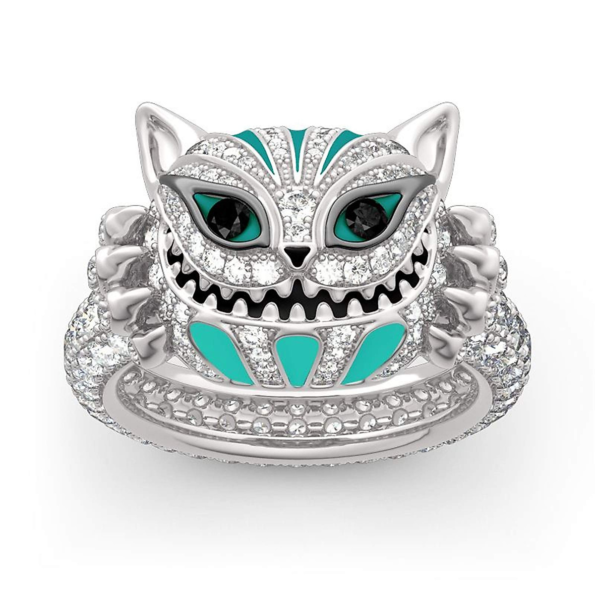 Jeulia 4.08 Carat Cheshire Cat Rings for Women Sterling Silver Enamel Rings Handmade White Diamond Animal Rings Bridal Set Wedding Engagement Anniversary Promise