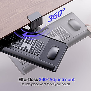 Tilt&Height Adjustable Keyboard Tray Under Desk or Above Desk - Klearlook 2 in 1 PU Leather Clamp-on Rotating Keyboard Platform w/Wrist Rest&Drawer(Under Desk,Upon Desk),25x11"Sit Stand Keyboard Riser