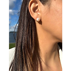 14K Gold AAAA Round White Freshwater Cultured Pearl Classic Bridal Stud Earrings - Choice of Pearl Size (11.0-12.0mm, Yellow Gold)