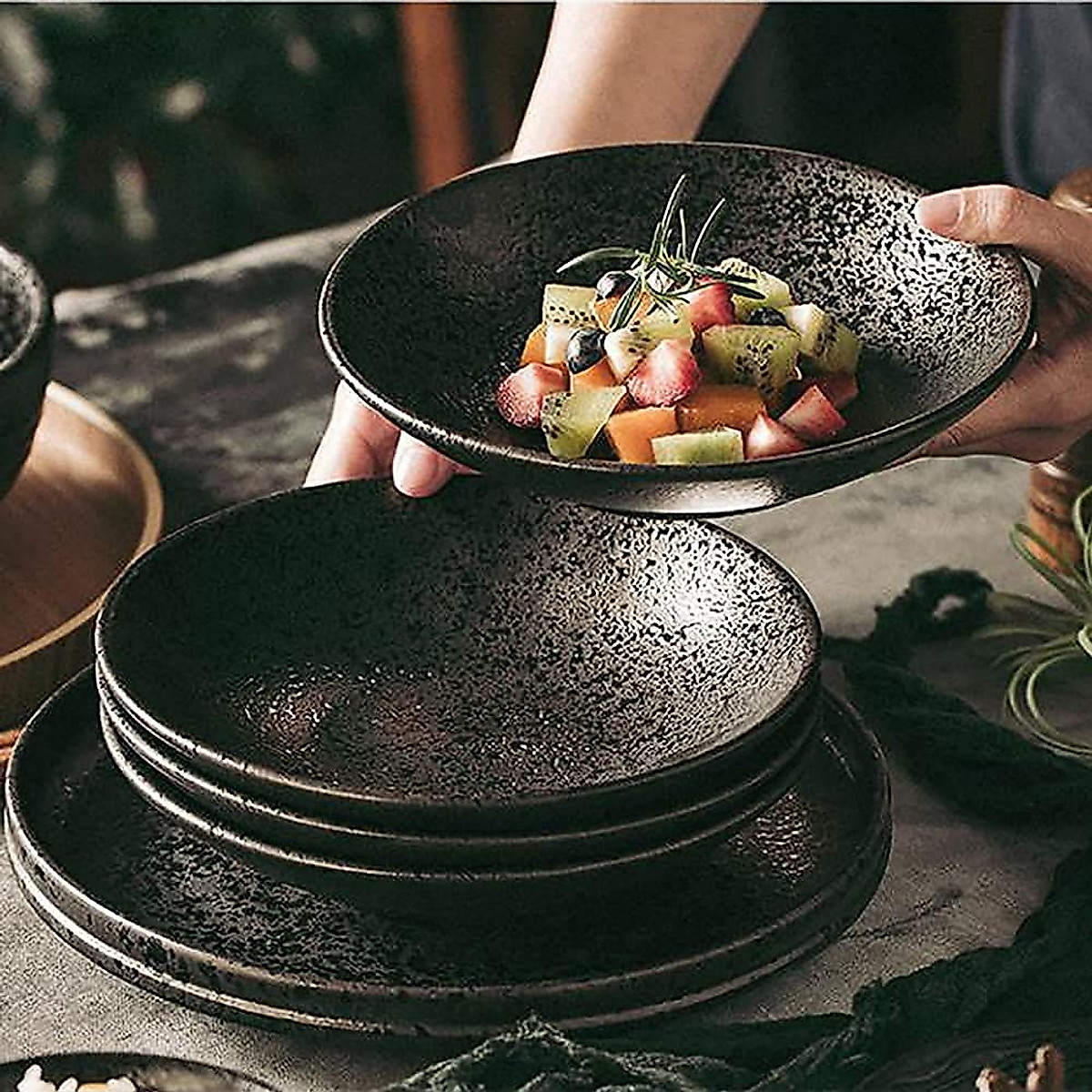 GagalU Plate Set –Kitchen Tableware Set,Ceramics Dinnerware Sets, Plates and Bowls Sets | 66 Pcs Kiln Change Dishes Set - Black Dinner Plates/Steak and Plate